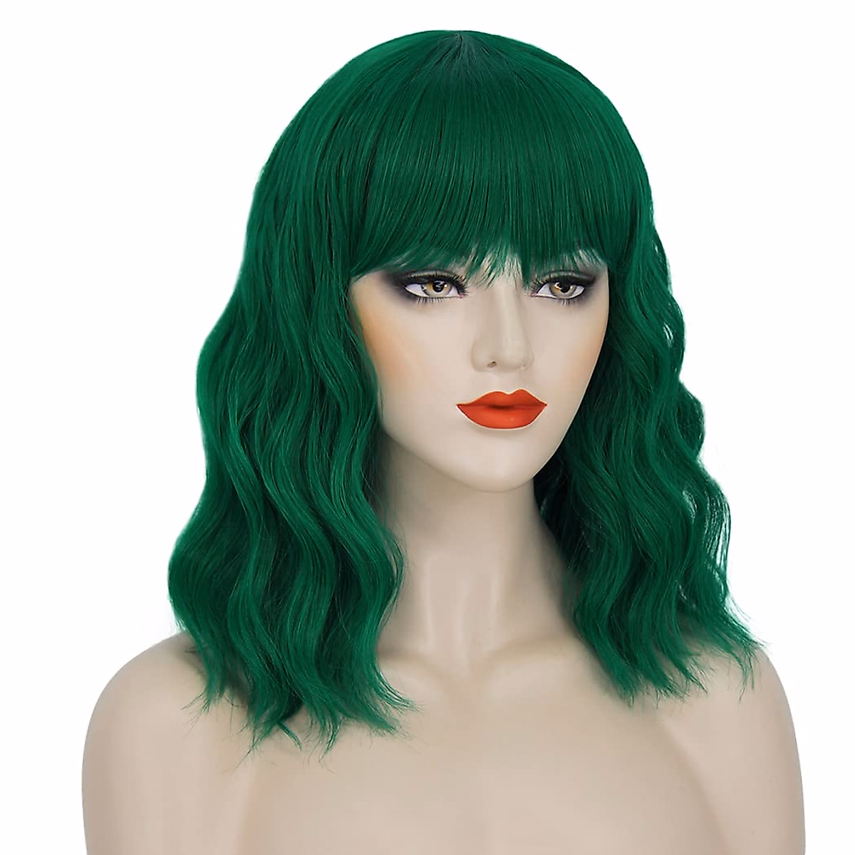 Juziviee Green Wigs for Women 14" Short Green Wig with Bangs Curly Wavy Synthetic Soft Hair Wigs for St Patrick's Day Party JZ001GR