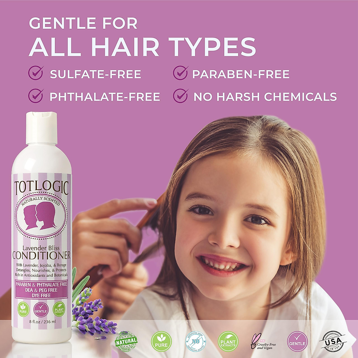 TotLogic Kids & Baby Safe Conditioner - 8 oz, Lavender Bliss, Infused with Natural Jojoba Oil and Rich in Antioxidants to Detangler Hair, No Phthalates, Parabens or Sulfates