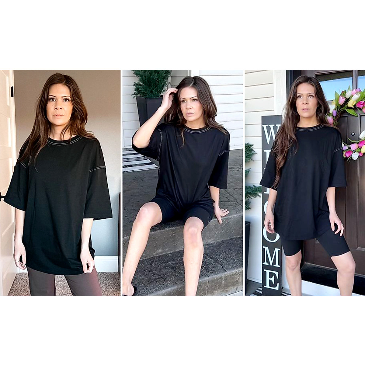 FSHAOES Women's Oversized T Shirts Casual Loose Half Sleeve Drop Shoulder Tees Summer Round Neck Cotton Tunic Tops Black
