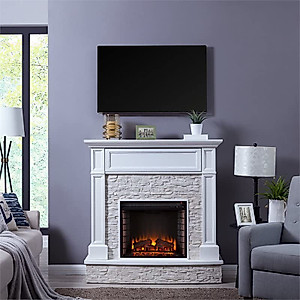 BOWERY HILL Faux Stone Electric Fireplace TV Stand in White Finish