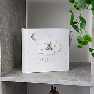 Happy Homewares Beautiful Ivory White Baby Shower Photo Album with Silver Plated Teddy Bear and Stars | Holds 80 Photos | Luxurious Grey Fabric Ribbon