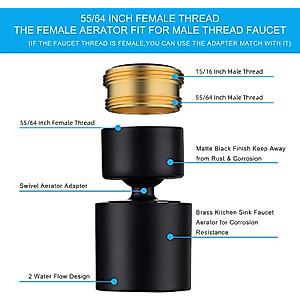 Hibbent NSF/ANSI/CAN 61 Certified Kitchen Faucet Aerator, CUPC Certification 360-degree Swivel Sprayer 2 Water Flow Sprayer Modes Faucet Extender-55/64Inch-27UNS Female Thread, Matte Black