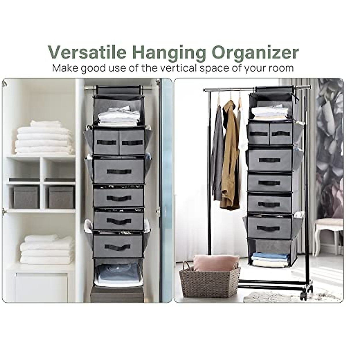 Kootek 7 Shelf Hanging Closet Organizer with Drawers, Hanging Closet Shelves Closet Storage 6 Clothing Drawer Side Pockets for Clothes, Bras, Socks, Underwear, Nursery Room, Wardrobe