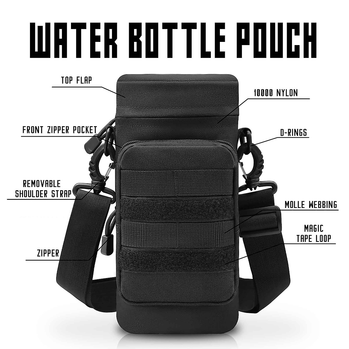 Molle Water Bottle Pouch, Tactical Black Water Holder Carrier with Pocket Stap for Hiking Camping