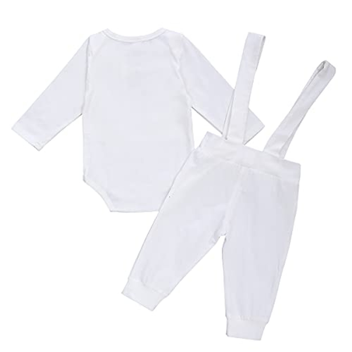 Baby Boys Baptism Christening Outfit Bowtie Romper Suspenders Pants Gentleman Formal Wedding Party Tuxedo Suit Ring Bearer Clothes Set for Birthday Cake Smash Photo White - Long Sleeve 6-12 Months