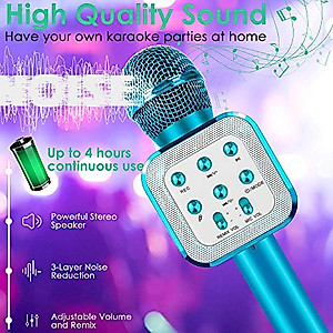 KIDWILL Wireless Bluetooth Karaoke Microphone for Kids, 5-in-1 Portable Handheld Karaoke Mic Speaker Player Recorder with LED Lights for Kids Girls Boys Teens Birthday (1818-Blue)