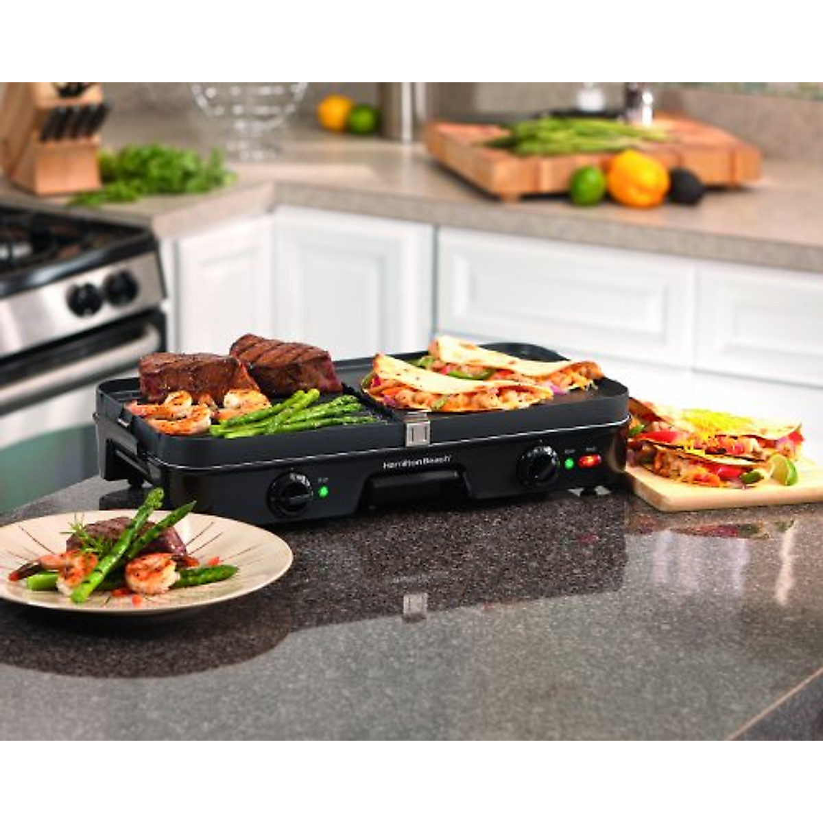 Hamilton Beach 3-in-1 Electric Indoor Grill + Griddle, 8-Serving, Reversible Nonstick Plates, 2 Cooking Zones with Adjustable Temperature (38546), Black