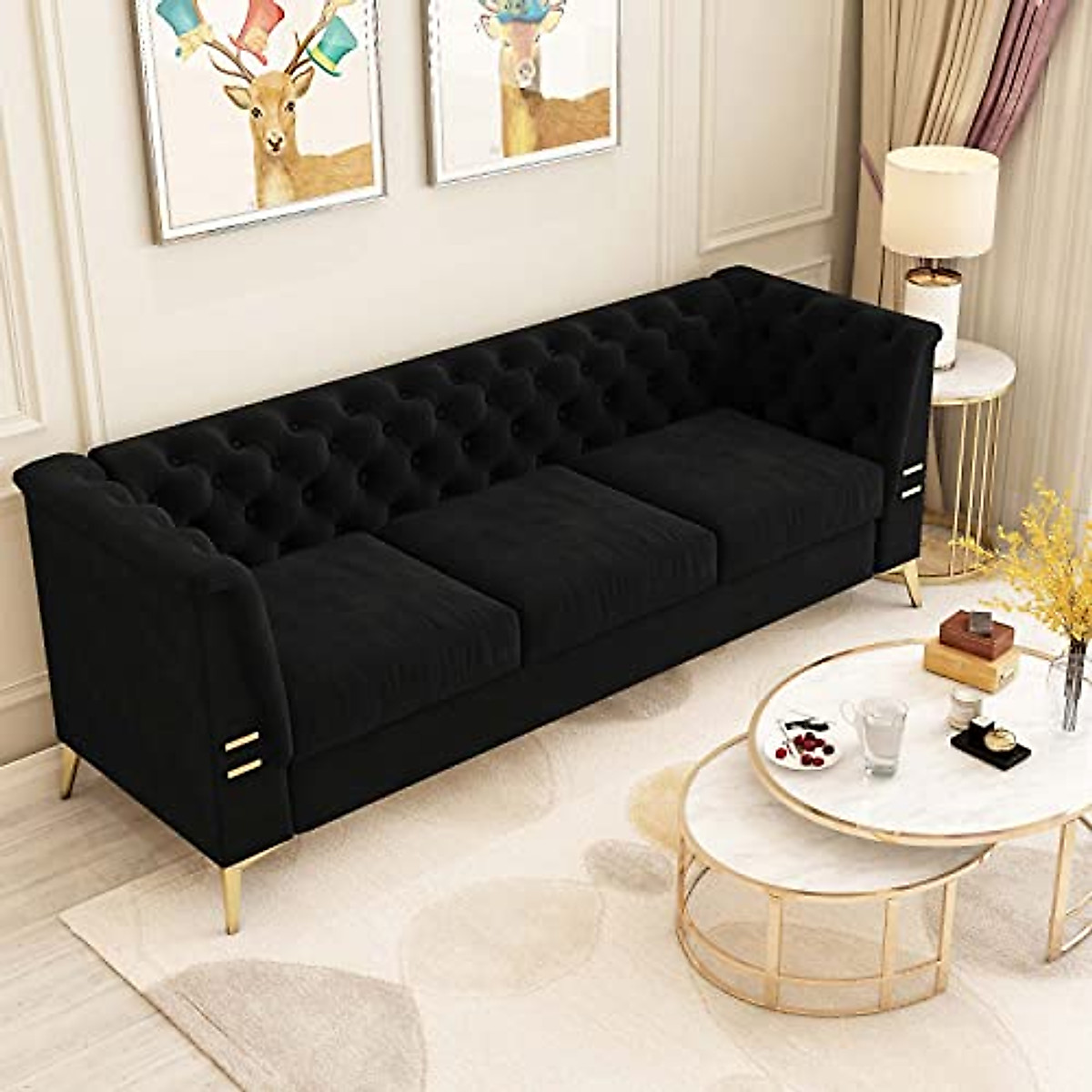 Gooamz Black Velvet Couch Sofa, 82 Inch Wide Modern Tufted Chesterfield Sofa with Flared Arms and Golden Metal Legs, Upholstered 3-Seater Sofa Large Comfy Couches for Living Room (Black)