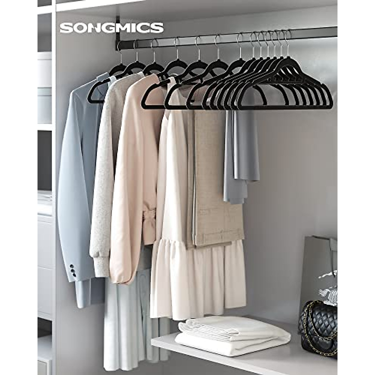 SONGMICS Velvet Hangers, 50 Pack, Ultra Thin Space Saving, Non-Slip Coat Hangers with Tie Organiser, 360 Degree Swivel Hook, Black CRF50B