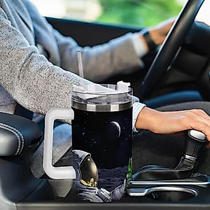 Astronaut Drinking Beer on Moon Tumbler with Handle Travel Mug Water Bottle Tea Coffee Cup White-style