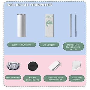 MURRICON Sublimation Tumblers 20 oz Skinny Straight,Stainless Steel Sublimation Blanks Skinny Tumbler,Double Wall Vacuum Insulated Sublimation Tumblers,with lid and straw,8 Pack