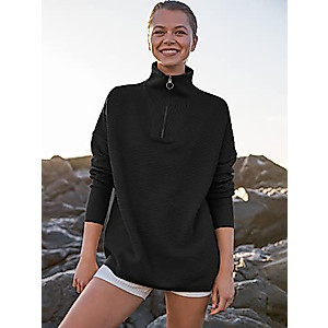 ANRABESS Women's Sweater Oversized Quarter Zipper Casual Long Sleeve Collar High Neck Ribbed Knit Loose Fit Half Zip Tunic Pullover 2023 Fashion Fall Outfits Tops 802heise-XL Black