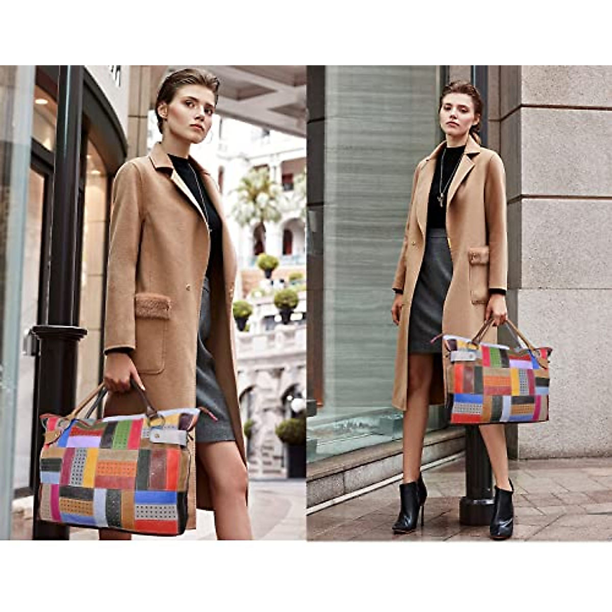 Segater® Women’s Genuine Leather Tote Multicolour Patchwork Hollow Shoulder Bag Cowhide Stitching Colorful Large Handbag Purses Multicoloured