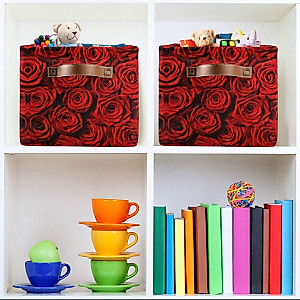 AUUXVA Red Rose Floral Storage Basket Collapsible Cloth Storage Cube Basket Bins Organizer with Handles Rectangular Large Toys Shelf Closet for Nursery Bedroom Home Office