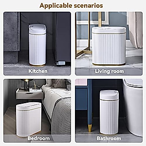 Motion Sensor Trash Can - ELPHECO 2.5 Gallon Waterproof Motion Sensor Trash Can, Bathroom Trash Can, Garbage Bin for Kitchen and Office Use, White with Golden Trim