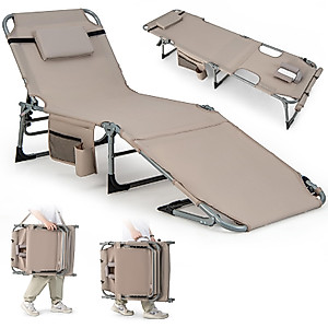 Tangkula Beach Lounge Chair, Outdoor Folding Tanning Chair with Face/Arm Hole, 2 Carry Handle, Pillow, Adjustable Backrest, 400 LBS Face Down Sunbathing Chair for Outside Beach Poolside