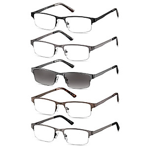 EYECEDAR 5-Pack Reading Glasses for Men Rectangular Metal Half-Frame Spring Hinges with Sun Readers Glasses Mens Readers 1.50