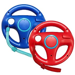 Jadebones 2 Pack Racing Steering Wheel with Wrist Strap for Wii and Wii U Remote Controller (Red+Blue)