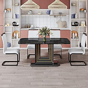 WOXYX Minimalist and Luxurious Dining Table with Black Imitation Marble Pattern Desktop. MDF tablelegs with Gold Lines and Base