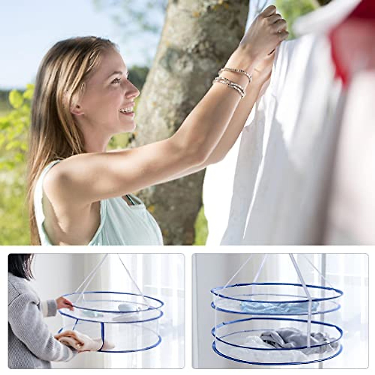 Healifty 1pc Hanging Mesh Dryer Gauze Steel Wire Round Shaped Windproof Detachable Double- Layer Foldable Clothes Drying Net Steel Ring Design Flat Clothes Drying Net for Underwear Lingerie (Blue)