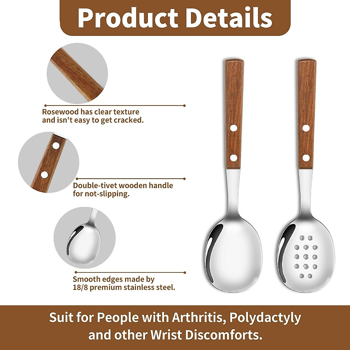 4-Piece Serving Spoons Set - Includes 2 Serving Spoons and 2 Slotted Spoons, 18/8(304) Stainless Steel Buffet Serving Utensils,Stainless Steel Wooden Serving Utensil