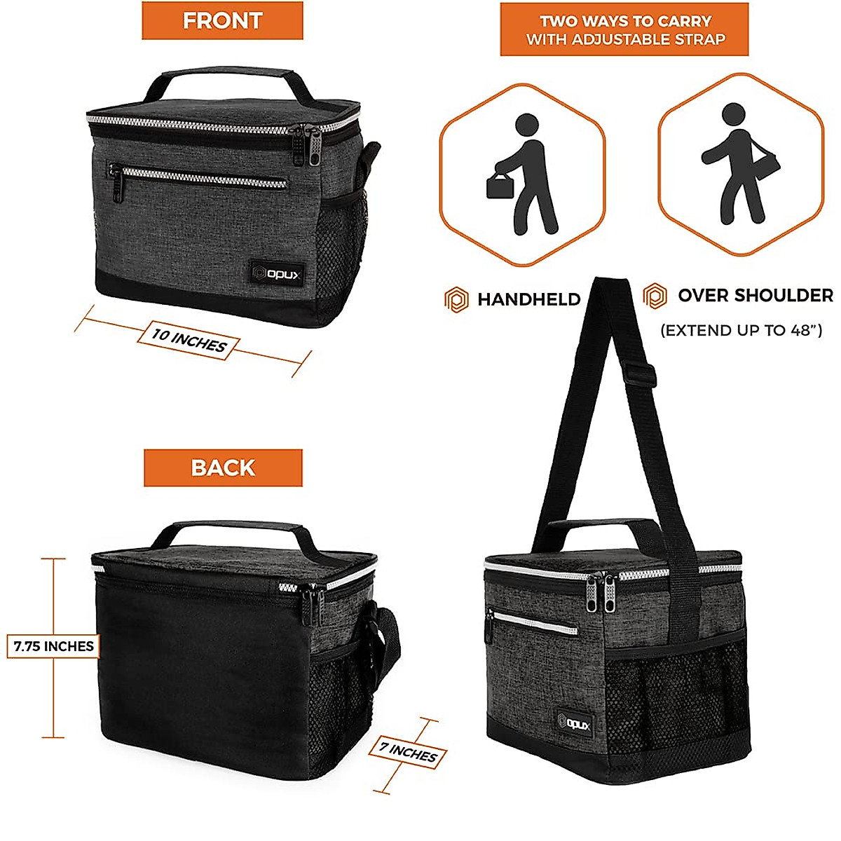 OPUX Insulated Lunch Box Men Women, Lunch Bag for Work School, Leakproof Soft Cooler Tote Adult, Large Lunch Pail Kids Boys Girls, Picnic Beach Food Bag with Shoulder Strap, Charcoal