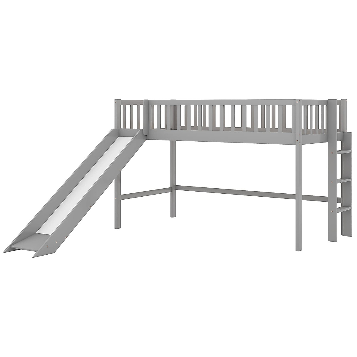 Bellemave Twin Size Low Loft Bed with Slide Wood Junior Loft Beds Frame with Ladder and Guardrails for Kids Boys Girls, Gray, Gray With Slide