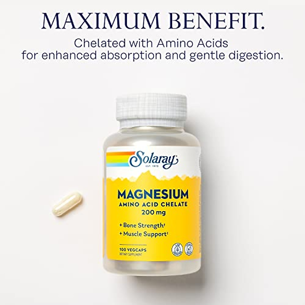 Solaray Magnesium Amino Acid Chelate 200 mg, Chelated Magnesium Supplement for Bone Health, Heart Health and Muscle Function Support, Vegan, 60-Day Money Back Guarantee, 100 Servings, 100 VegCaps