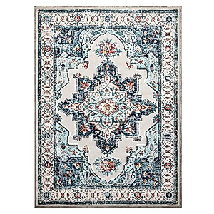 Area Rug Living Room Rugs: 8x10 Washable Large Carpet Boho Oriental Persian Distressed Bohemian Non-Slip Area Rugs for Dining Room Farmhouse Bedroom Office Home Decor Cream/Blue