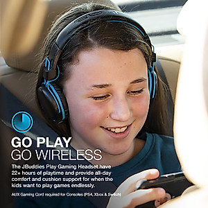 JLab JBuddies Play Gaming Wireless Kids Headset, Black, 22+ Hour Bluetooth 5 Playtime 60ms Super-Low Latency for Mobile Gameplay, Retractable Boom Mic, AUX Cord Compatible w/Gaming Consoles