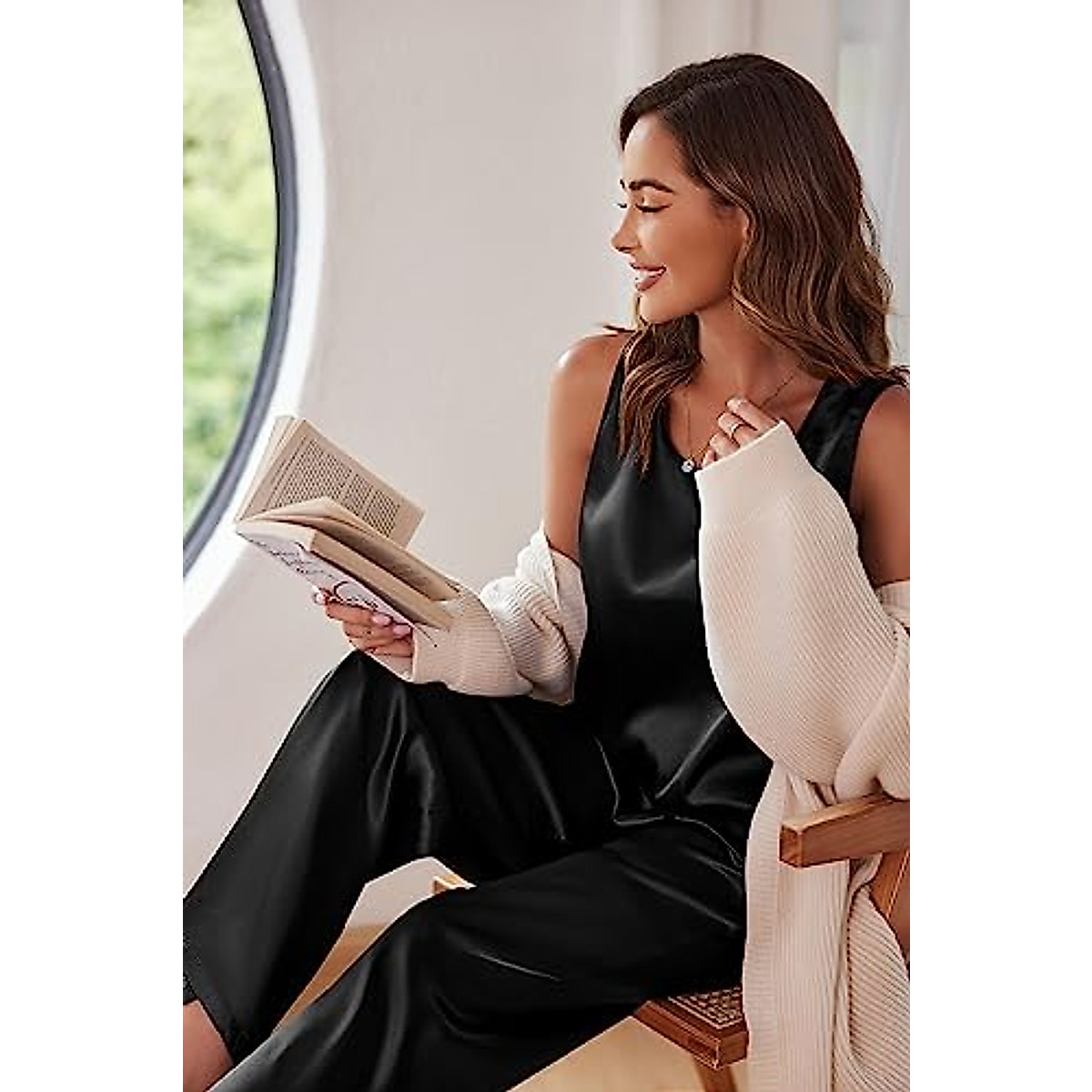 Ekouaer Women's Satin Silk Pajama Cami Sleeveless Lounge Set Soft Pj Set Long Pant Sleep Set Black M