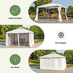 MELLCOM 10’ x 12’ Outdoor Gazebo Canopy, Aluminum Frame Soft Top Outdoor Patio Gazebo with Polyester Curtains and Air Venting Screens Cream