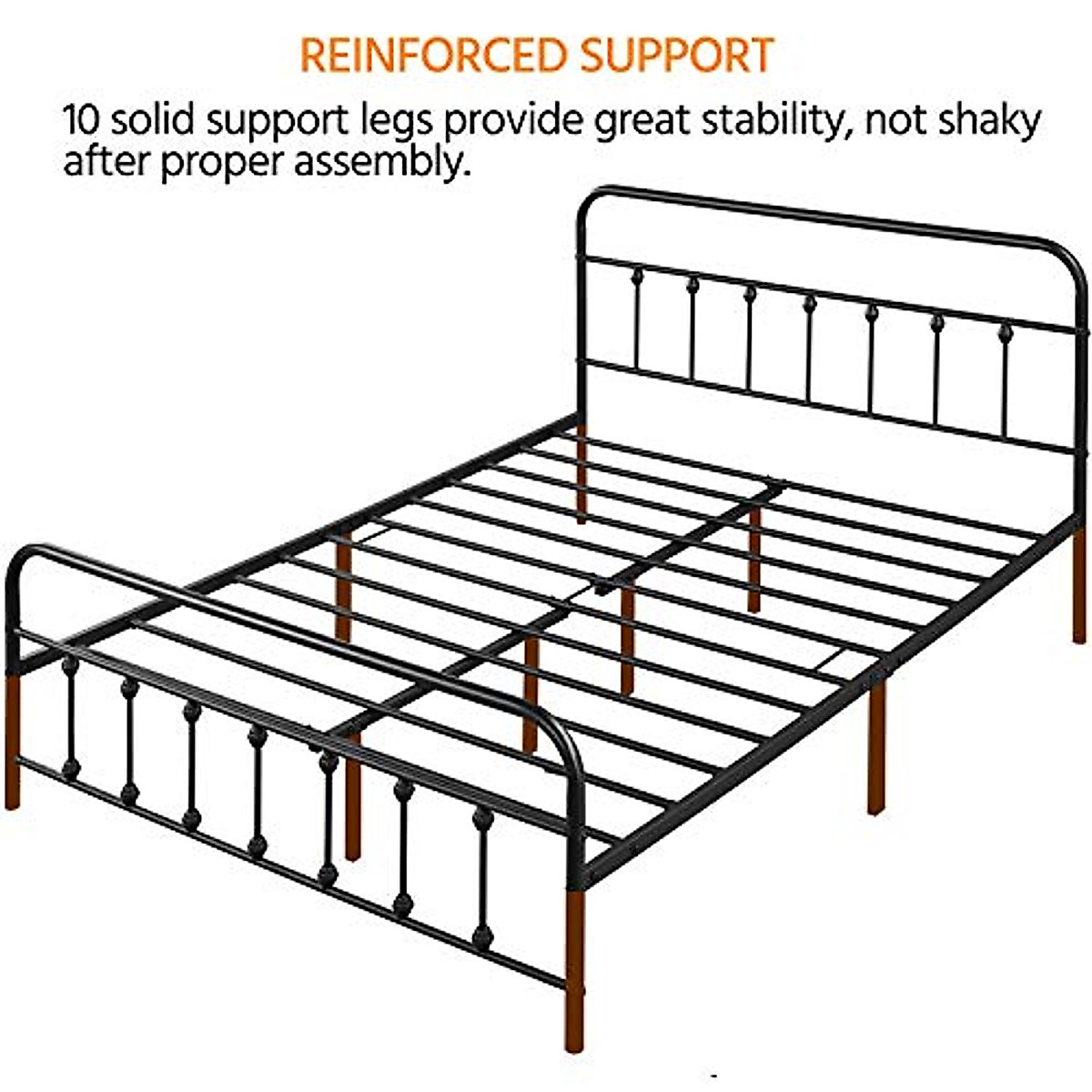 Topeakmart Queen Size Victorian Style Metal Bed Frame with Headboard/Mattress Foundation/No Box Spring Needed/Under Bed Storage/Strong Slat Support Black