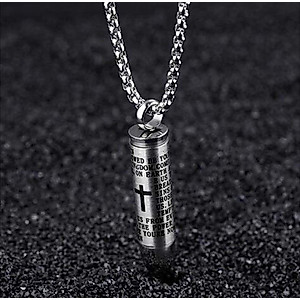 LIANTSH Lord's Prayer Cross Bullet Pendant Stainless Steel Lords Bible in English Cross Prayer Cremation Ashes Urn Necklace, Free Chain-Silver Color