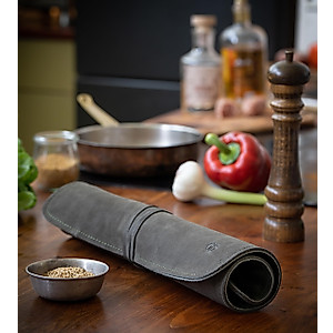 Angus Stoke Knife Bag for Chefs–knife Roll Bag leather 7 slots – Leather Knife Case Noah (green-olive)