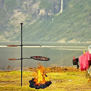 LINISHOP 2in1 Portable Campfire Grill Adjustable 360° Rotation Campfire Grill Fire Pit Grill Pan Rack BBQ Swivel Campfire Grill Charcoal Outdoor Camping Barbecue Tool Black New