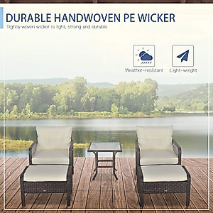 Outsunny 5-Piece PE Wicker Patio Furniture Set, Conversation Set with Outdoor Ottomans, Table & Chairs, Small Balcony Furniture for Apartments, Steel, Cream White