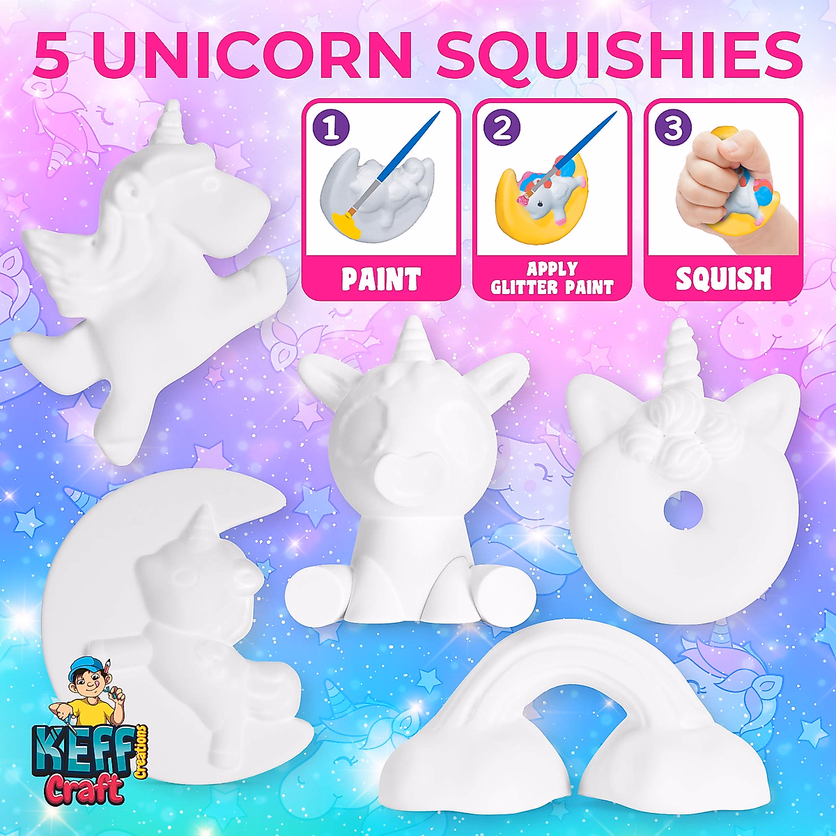 KEFF Paint Your Own Squishies - Unicorn Squishy Maker Painting Kit for Kids - DIY Arts & Crafts Gifts Toys for Girls and Boys with Glitter Puff Paints, Brushes and Palette