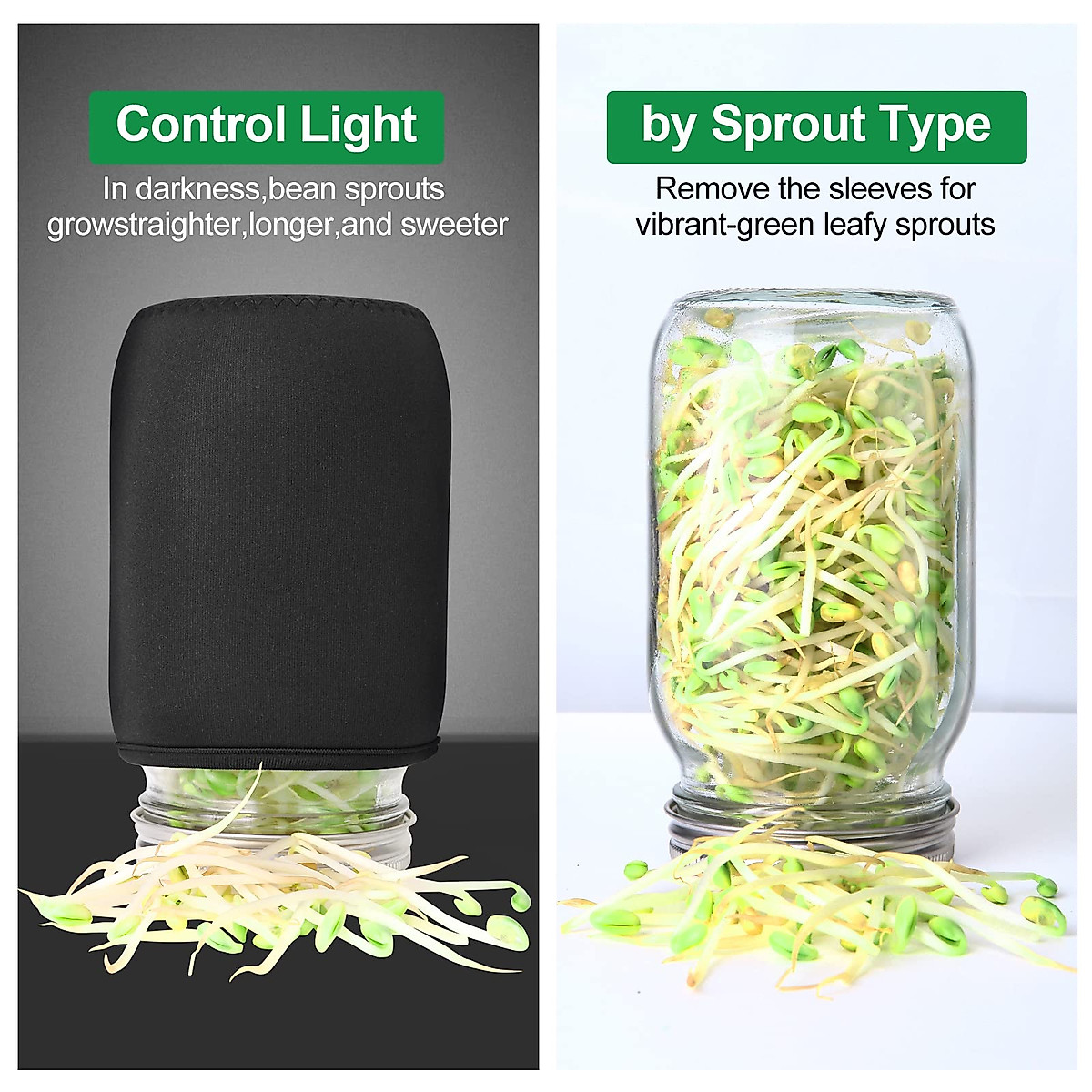 Sprouting Jar Kit, 32 OZ 2 Large Wide Mouth Mason Jars with Sprout Lids, Premium Canning Lids, Blackout Sleeves, Tray,Stand & Canning Brush - Sprouting Kit for Growing Broccoli, Mung Bean, Alfalfa