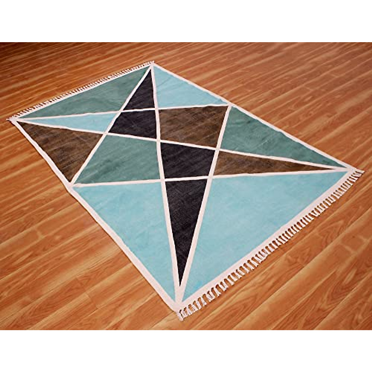 Casavani Hand Made Cotton Dhurrie Geometric Blue & Brown Tassel Rug Easy Care Washable Rugs for Doormat Entryway Living Room Bedroom Hallway Balcony 5x7 Feet
