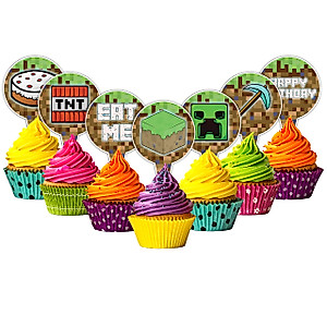 24-pack Food-safe and Child-Safe Cake Toppers by Citadel Black - No Assembly Required, 100% Food-Safe Child-safe and Recyclable, Cupcake and Cake Toppers for Birthday Parties and Events (Pixel Party)
