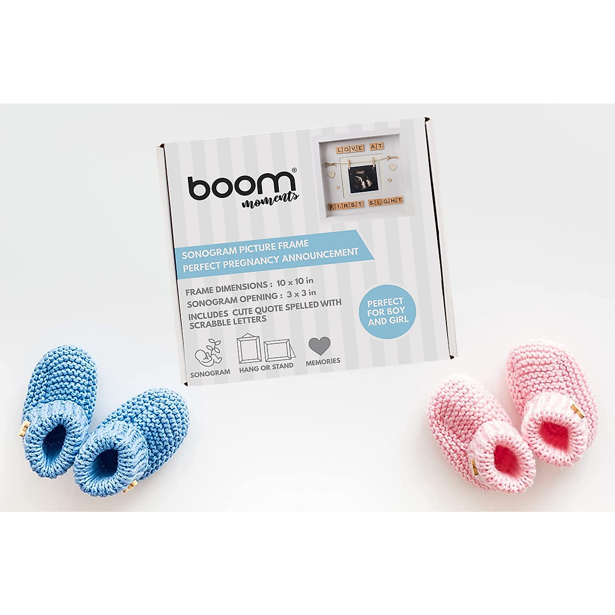 boom moments Sonogram Picture Frame | Scrabble Style Letters | Keepsake Baby Ultrasound Frame | Best Baby Announcement | Love at First Sight (10 x 10 Inches)