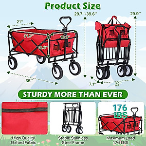 HKLGorg Folding Wagon with Wheels - Heavy Duty Beach & Outdoor Grocery Wagon, Portable & Collapsible Utility Wagon with Handle for Camping, Red