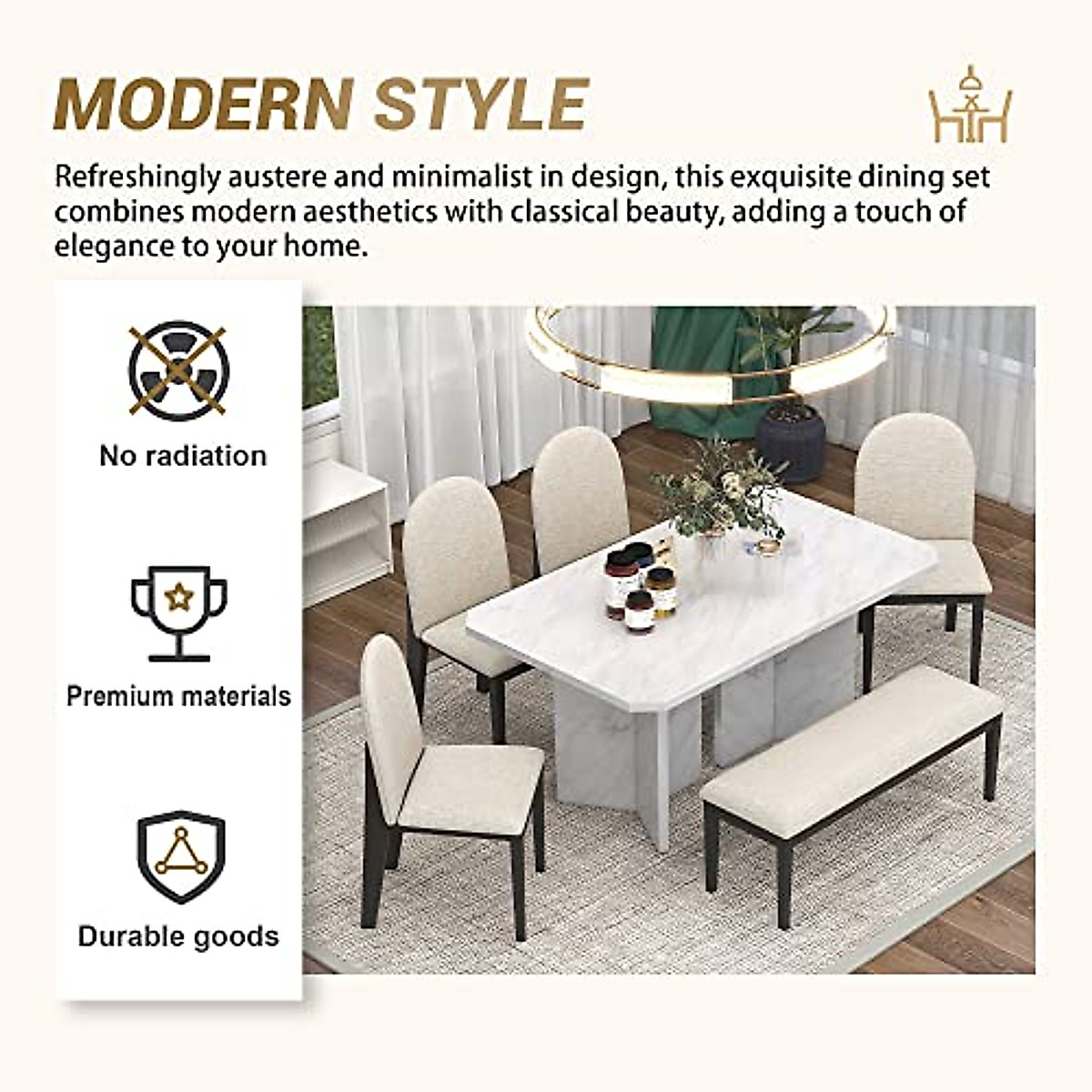 WOZNLA Room 6-Piece Modern Style Set-Faux Marble Table with 4 Upholstered Dining Chairs & 1 Bench-Contemporary White Design for Family Kitchen