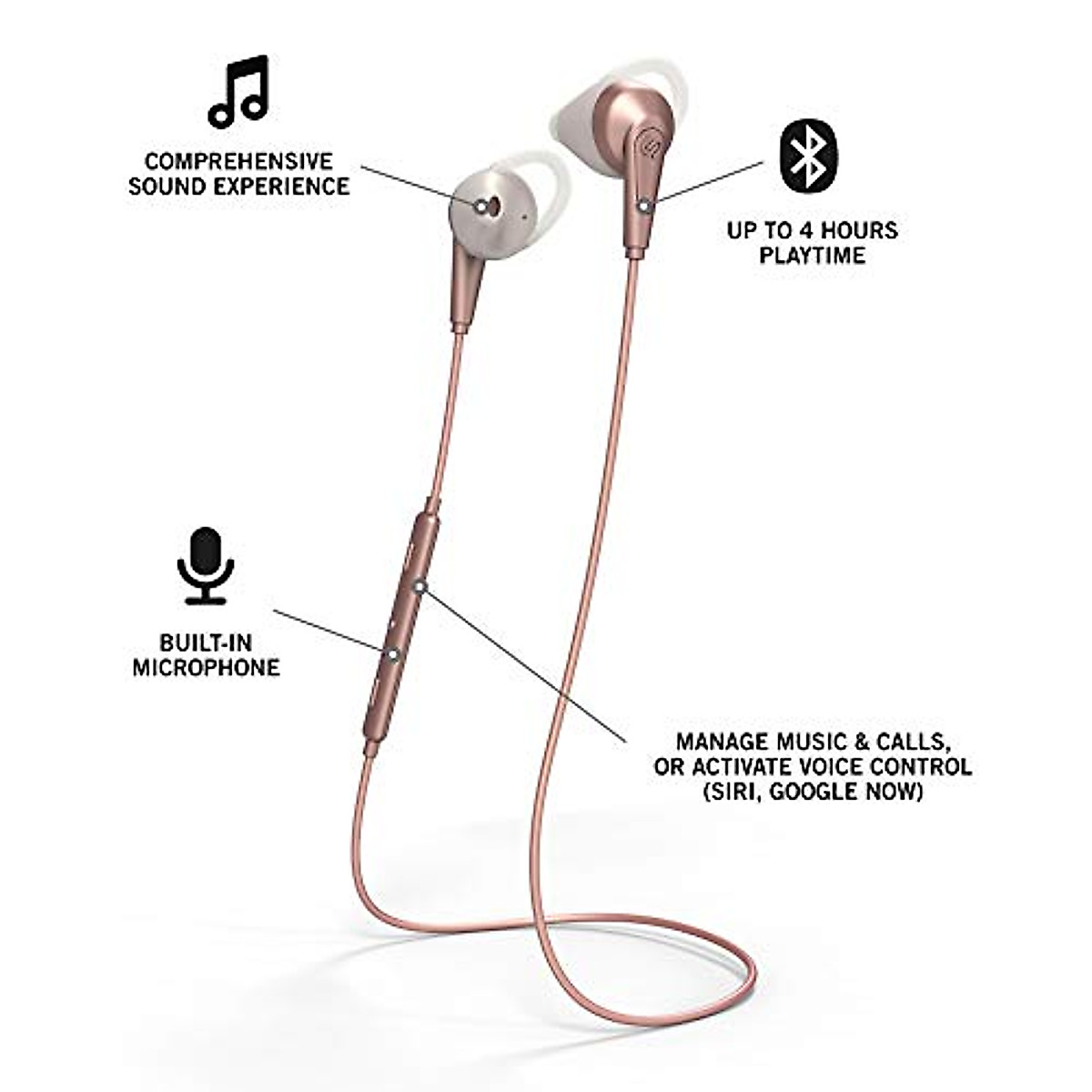 Urbanista Chicago Bluetooth Sports Earphones, High Performance, IPX4 Rated Water Resistant, Call-Handling with Microphone, Sport Carry Pouch, Rose Gold