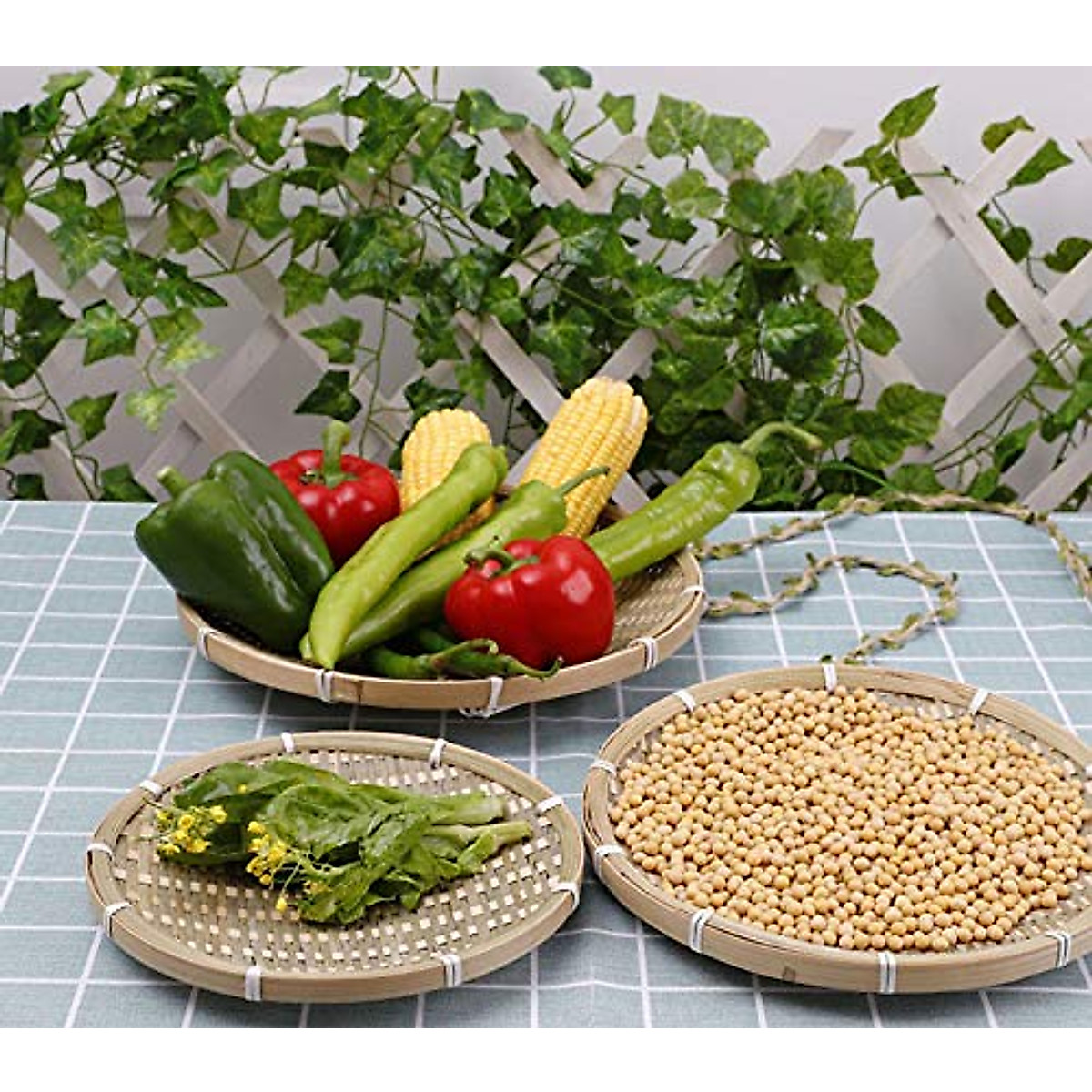 100% Handmade Bamboo Basket Weaving Serving Tray Set of 3 for Bread Food Snack Woven Wicker White Green Bamboo Basket Holder Traditional Decor 8inch 10inch 12inch 14inch 16inch (Green, Set of 3)