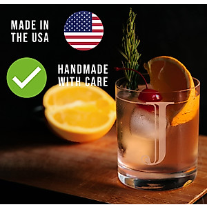 Etched Monogram 11oz Whiskey Rocks Glass (Letter J), A-Z Customized Bourbon Gifts for Men, Personalized Old Fashioned Scotch Glass, Custom Engraved Gifts for Him, Initial, Name, Regalos Personalizados