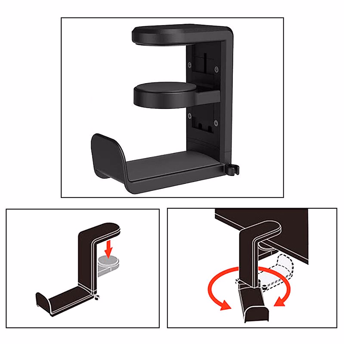 YTYKINOY Black 360 Degree Rotation Adjustable Headphone Stand Headset Hanger PC Gaming Headset Headphone Hook Holder Hanger Mount