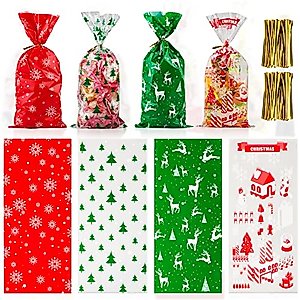 Yixiang 200 PCS Christmas Cellophane Goody Bags Assortment for Holiday Treats, Christmas Party Favors, Cello Candy Bags, Christmas Gifts, Party Supplies, Christmas Goodie Bags