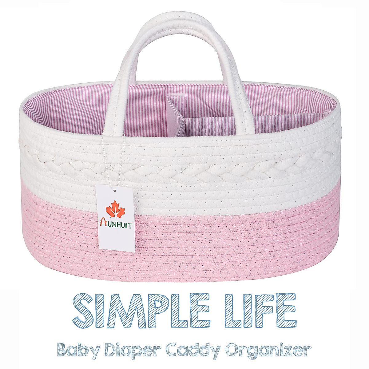 AUNHUIT Baby Diaper Caddy Organizer Nursery Storage Basket Portable Pink Woven Cotton Rope with Removable Inserts Newborn Registry Must Haves Baby Girl Shower Basket Hanging Large Travel Tote Bag